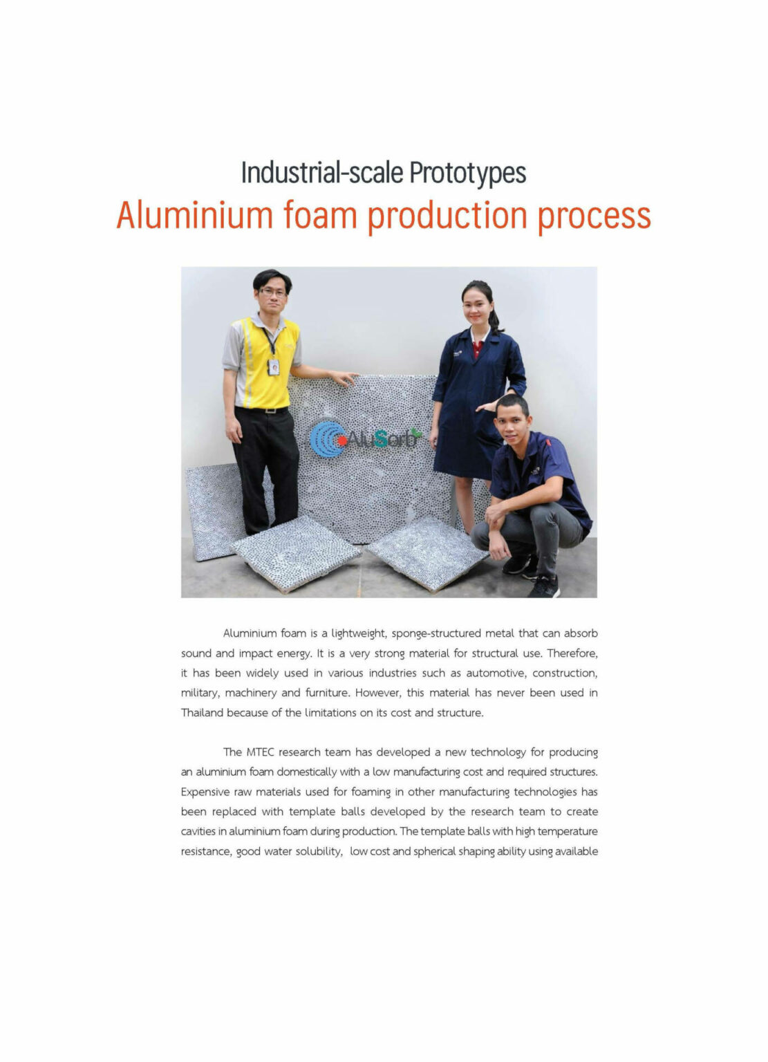 Industrial-scale Prototypes Aluminium foam production process - MTEC